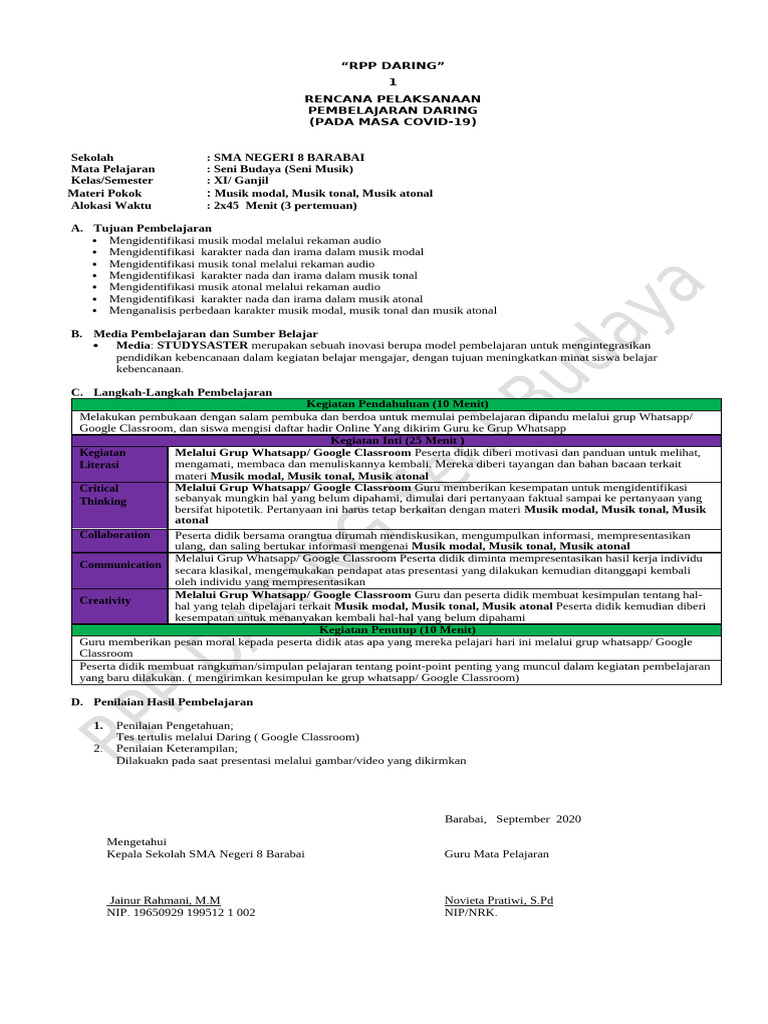 RPP Daring 4 Seni Musik KLS Xi | PDF