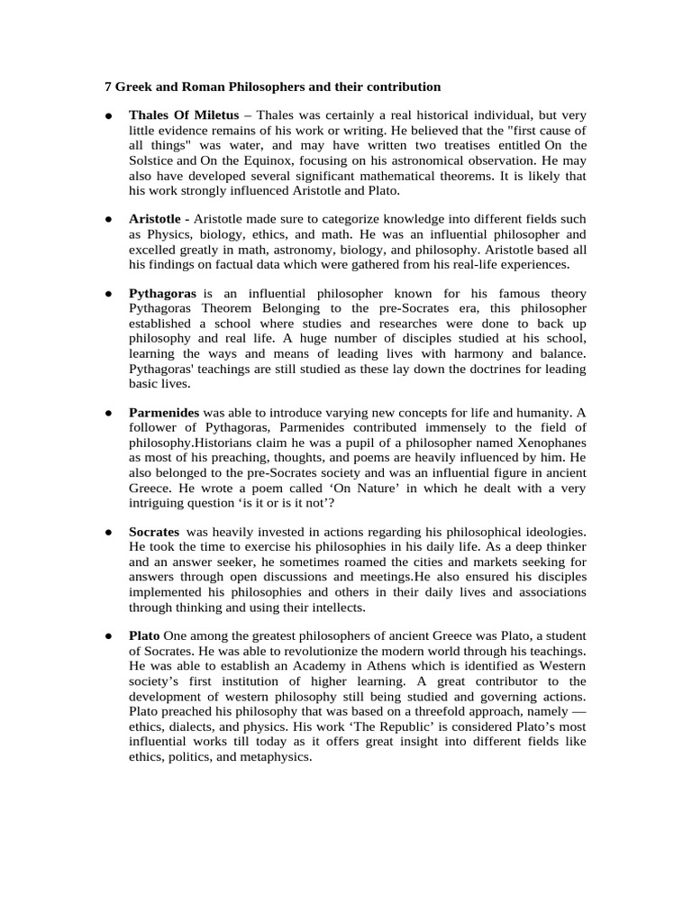 7 Greek and Roman Philosophers and Their Contribut | PDF