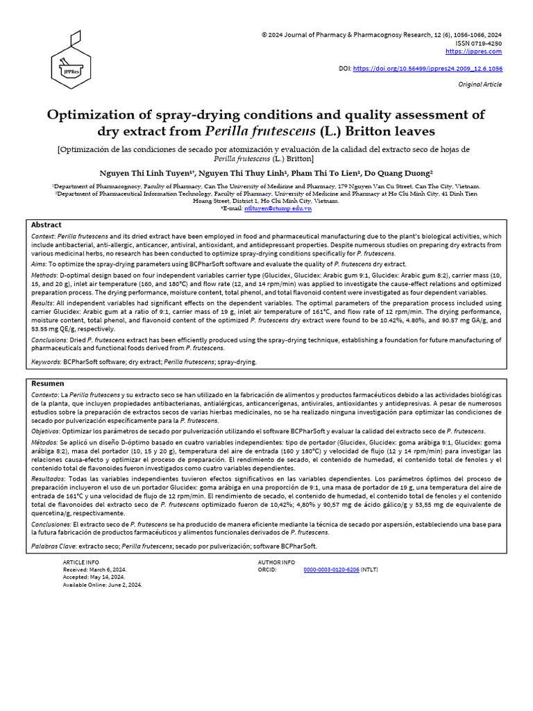 Optimization Of Spray Drying Conditions And Quality Assessment Of Dry Extract From Perilla