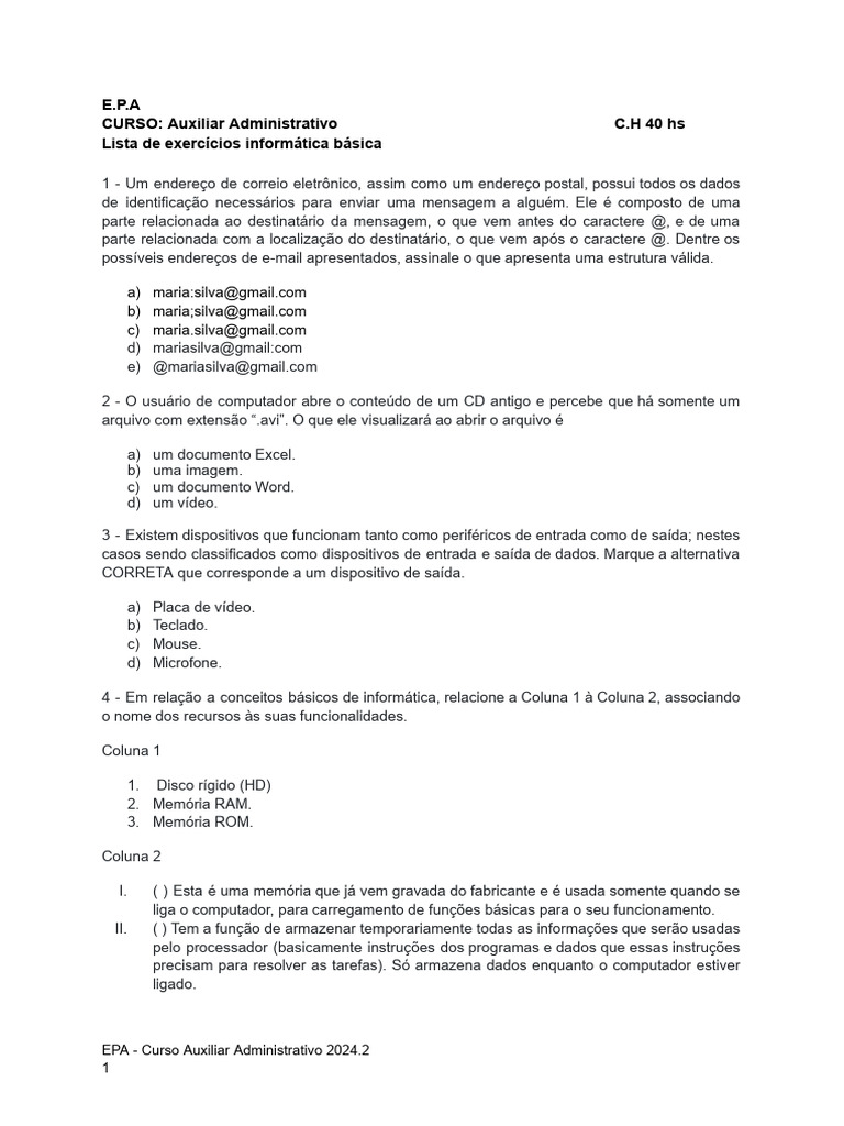 EPA Auxiliar Adm 2024 - Exercicios Lista 3 | PDF | Hardware de la computadora | Tecnología digital