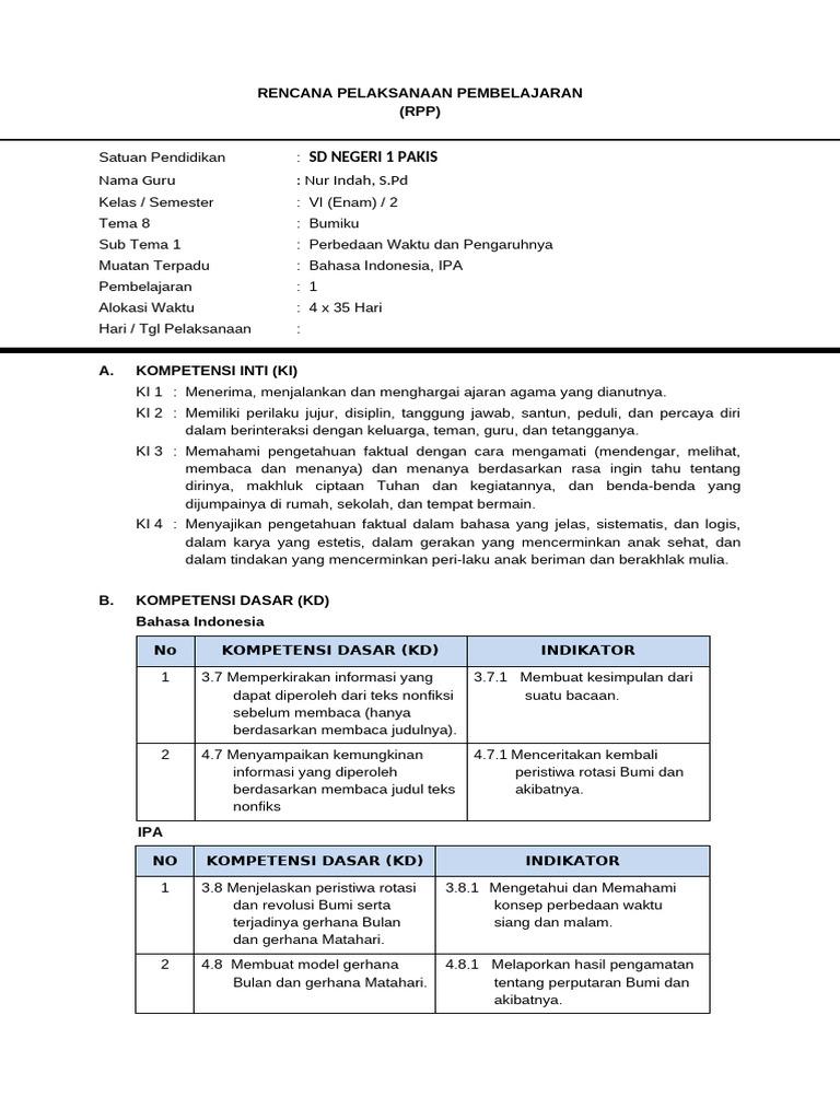 RPP Terintegrasi RHK Kelas 6 T8.1.1 | PDF