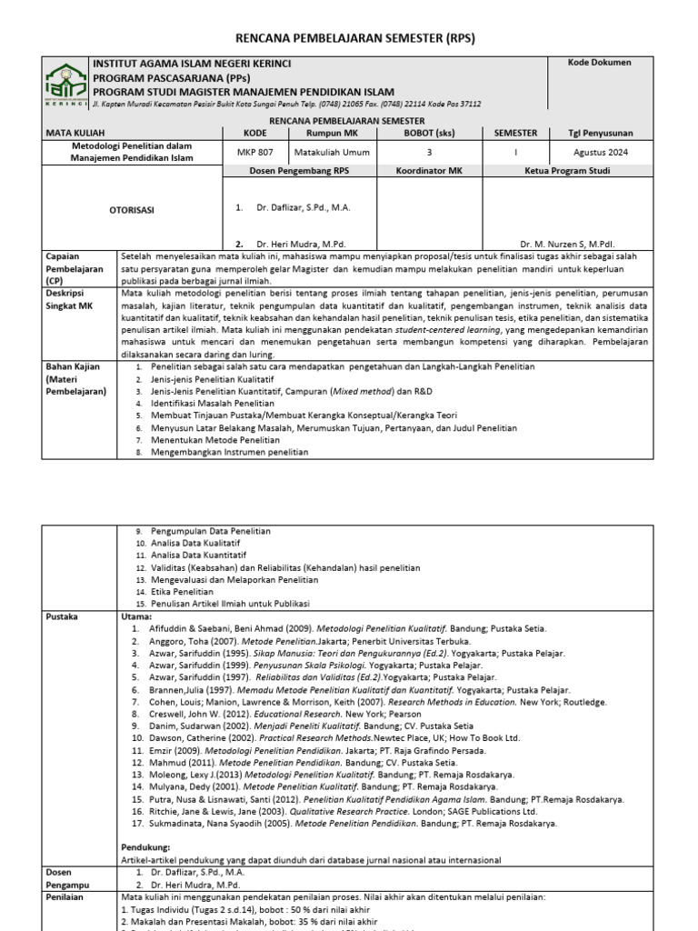 RPS Metodologi Penelitian Dalam Manajemen Pendidikan - Ganjil 2024-2025 | PDF