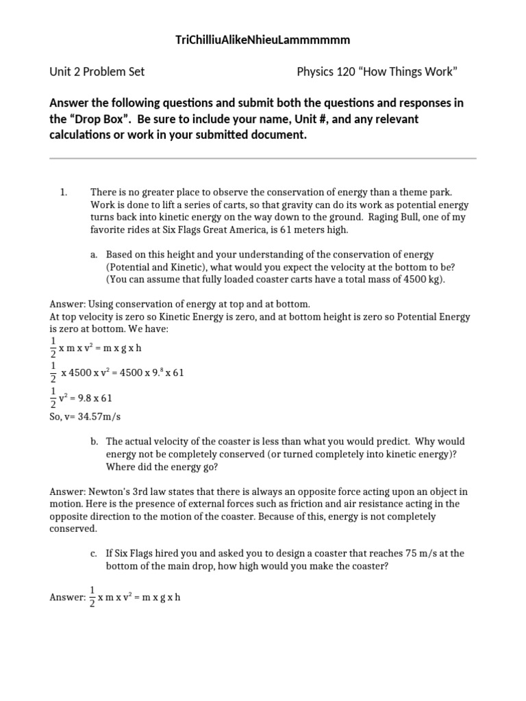 Unit 2 Problem Set Physics 120 | PDF