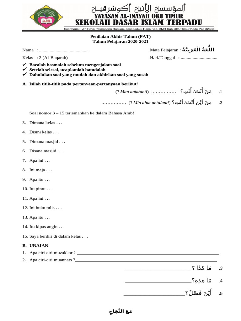 Soal Bahasa Arab Kelas 2 PAT Sem. Genap 2020-2021 | PDF