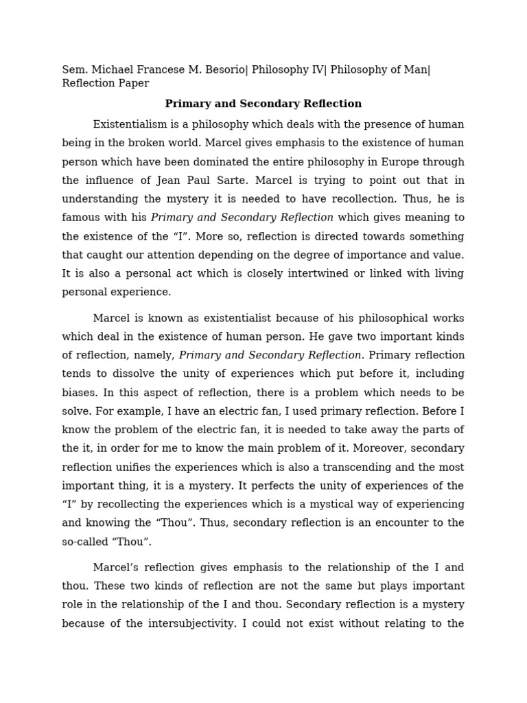 Primary and Secondary - Reflection Paper | PDF | Existentialism ...