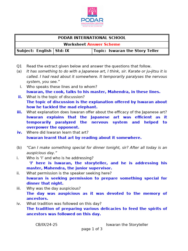 AS - WS - CB - IX - Eng - SR - Iswaran The Storyteller | PDF