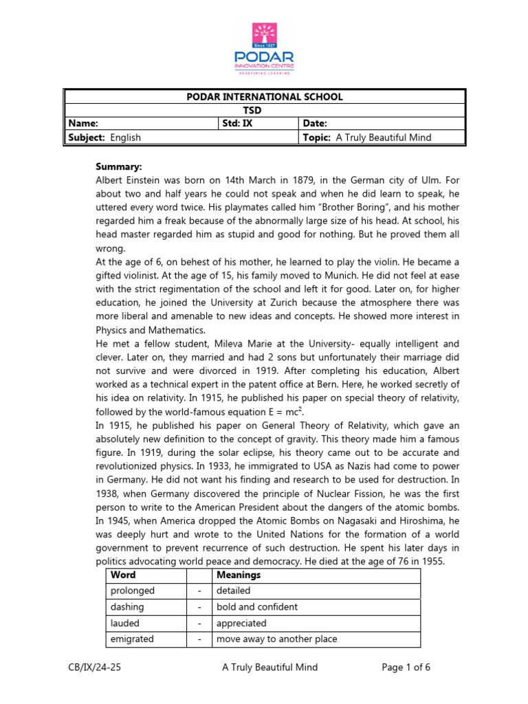 TSD - IX - CB - Eng - Prose - A Truly Beautiful Mind | PDF