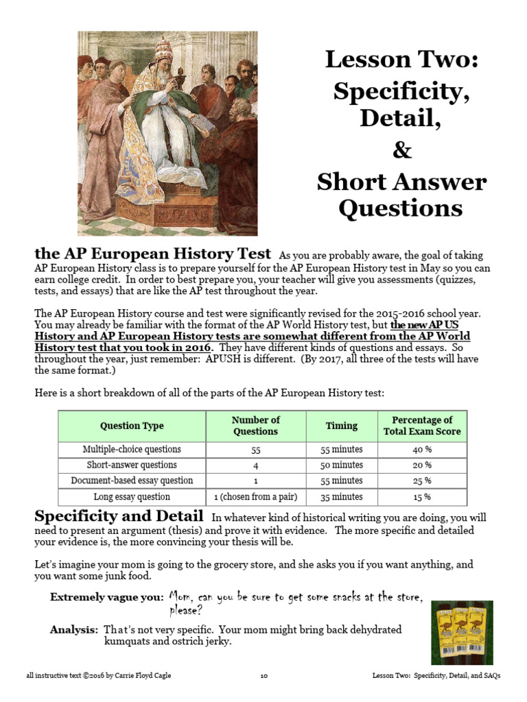 Lesson Two Specificity Detailand SAQsfrom APEuro Writingand Skills HB | PDF