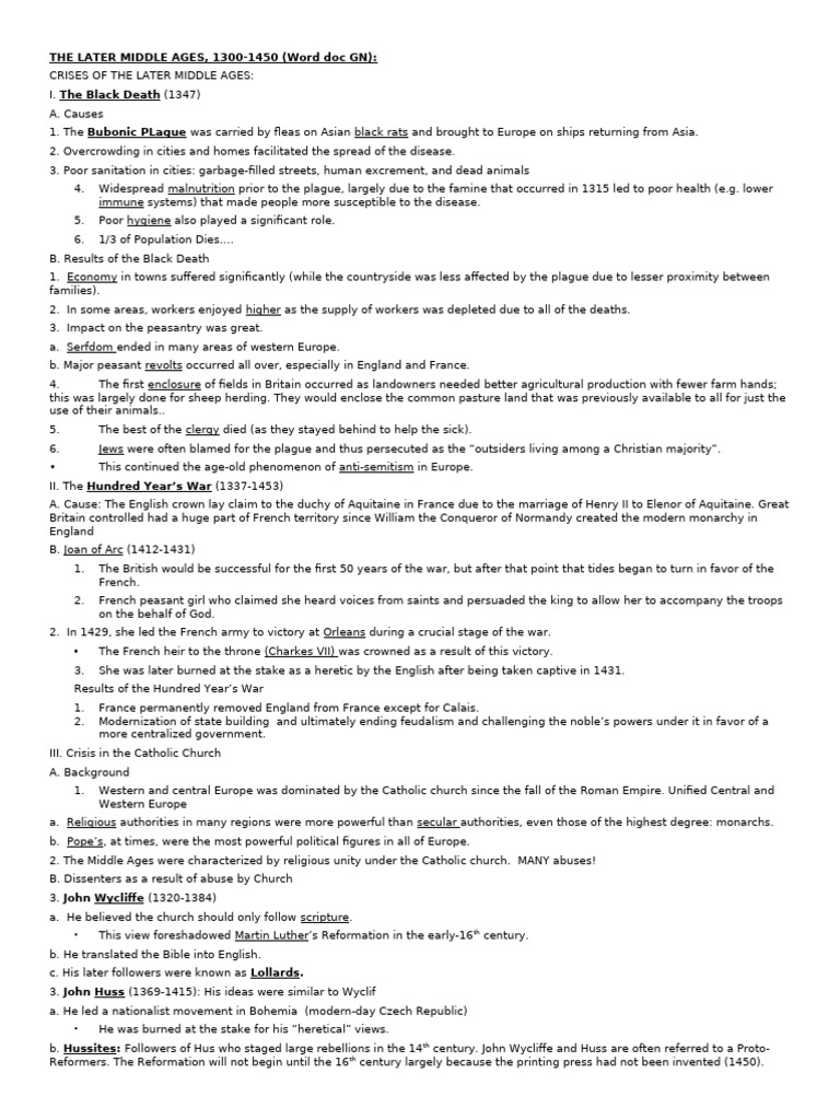 Word Doc GN Lecture Unit 0 THE LATER MIDDLE AGES | PDF
