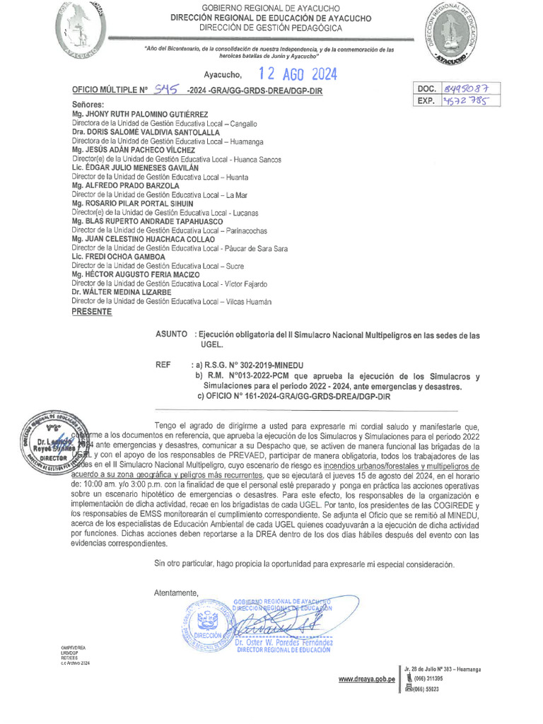 Oficio Múltiple N°545-2024-Drea-Ejecución Obligatoria Del Ii Simulacro en Las Ugel | PDF