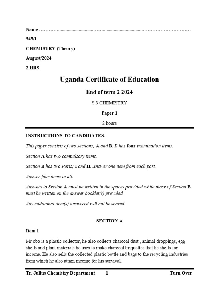 s.3 Chemistry Paper Eot 1 | PDF | Petroleum | Science & Mathematics