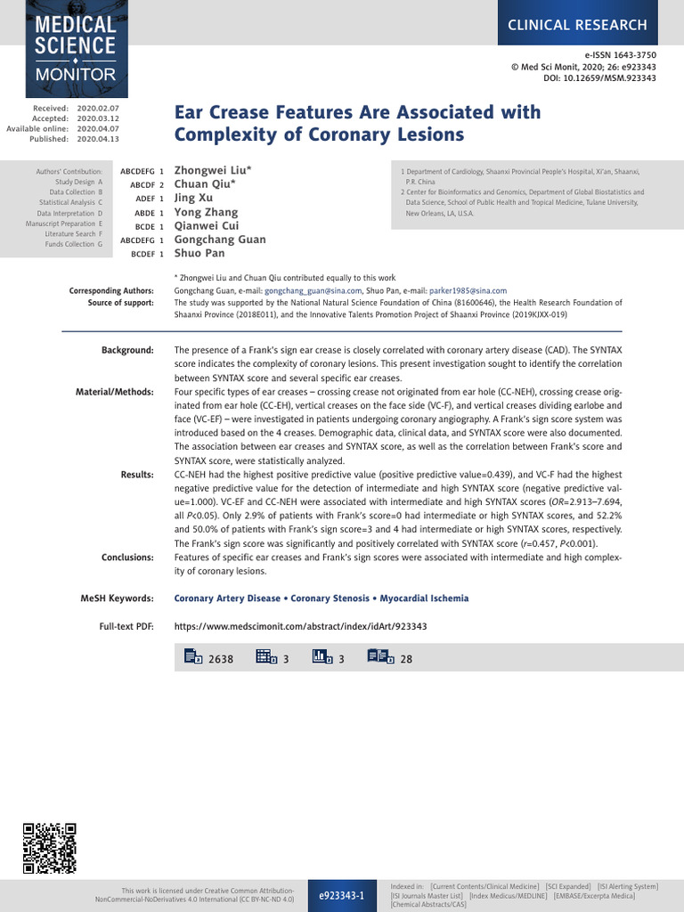 Ear Crease Features Are Associated With Complexity of Coronary Lesions ...
