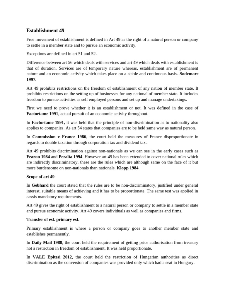 Free Movement of Establishment | PDF