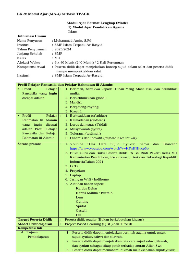 Tugas 9 - Penyusunan Modul Ajar TPACK | PDF Tugas 9 - Penyusunan Modul Ajar TPACK | PDF