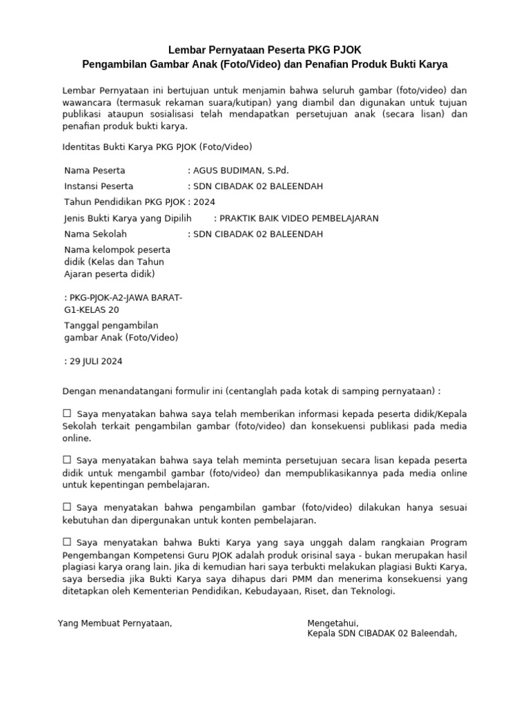 AGUS BUDIMAN - Bukti Karya - Lembar Pernyataan Peserta PKG PJOK | PDF