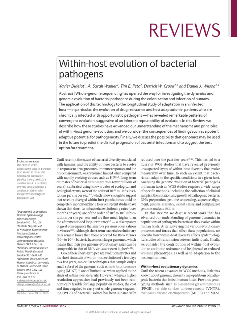 2016 - Nature-NRM - Within-Host Evolution of Bacterial Pathogens | PDF