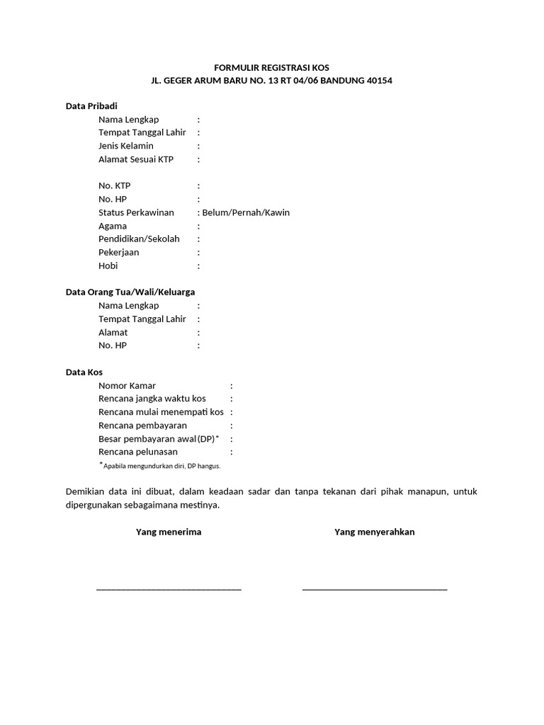 Formulir Registrasi Kos | PDF