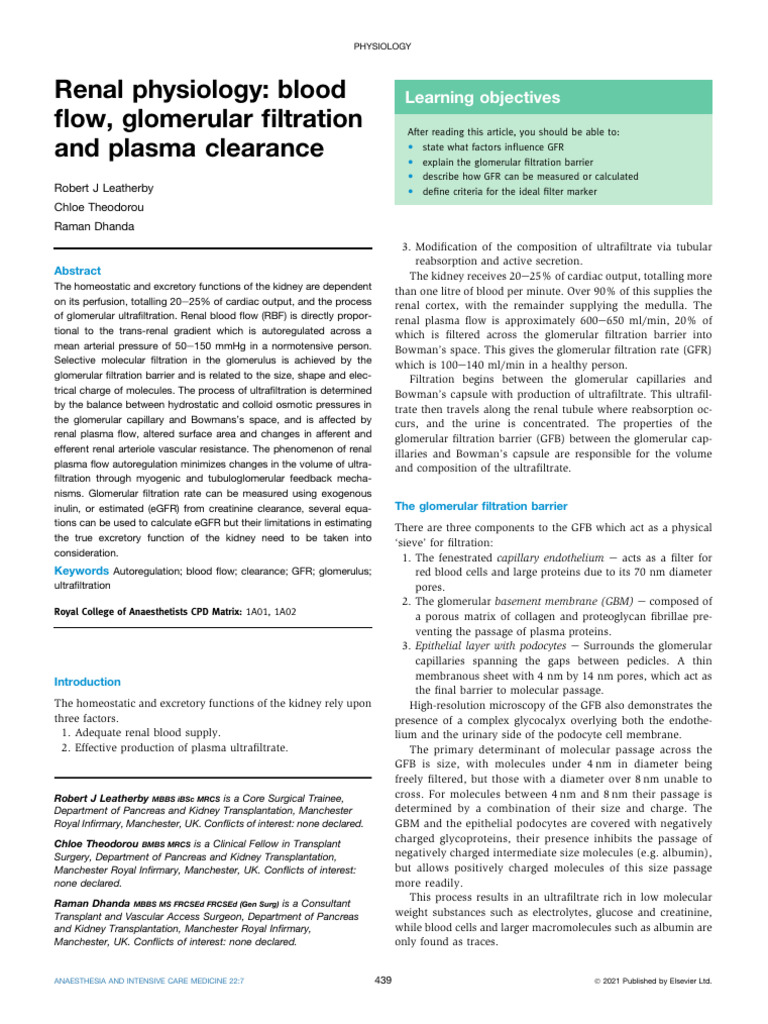 Renal Physiology - Blood Ow, Glomerular Ltration and Plasma Clearance ...