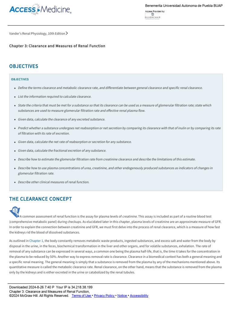 Chapter 3 - Clearance and Measures of Renal Function | PDF