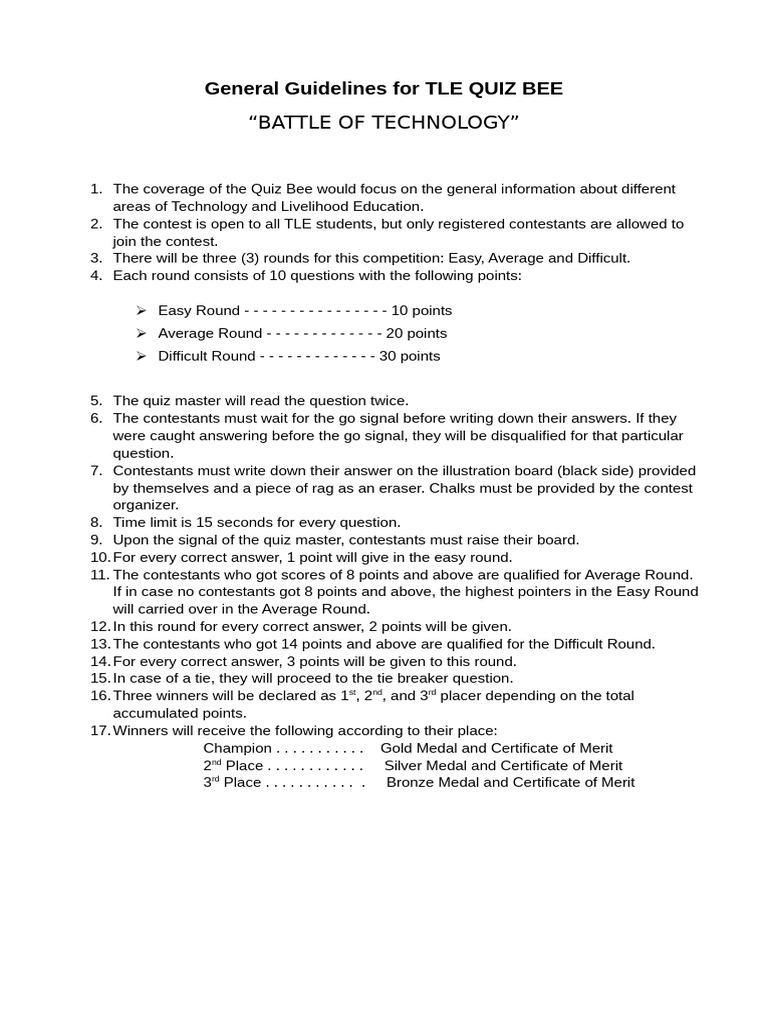 TLE Quiz Bee Guidelines | PDF
