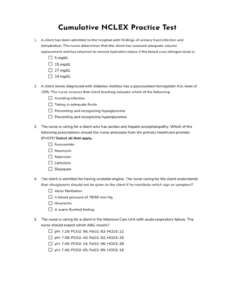 Cumulative NCLEX Practice Test | PDF