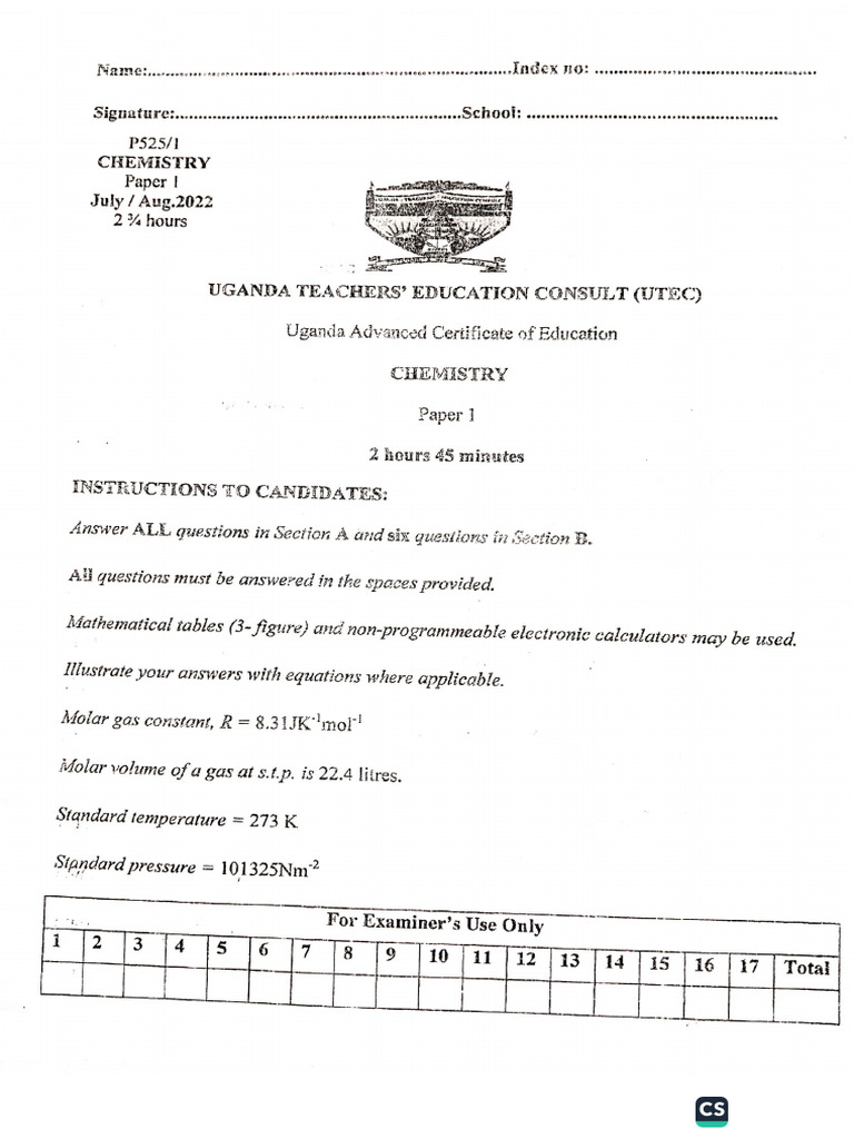 Utec - Uace Examination Chemistry Paper | PDF