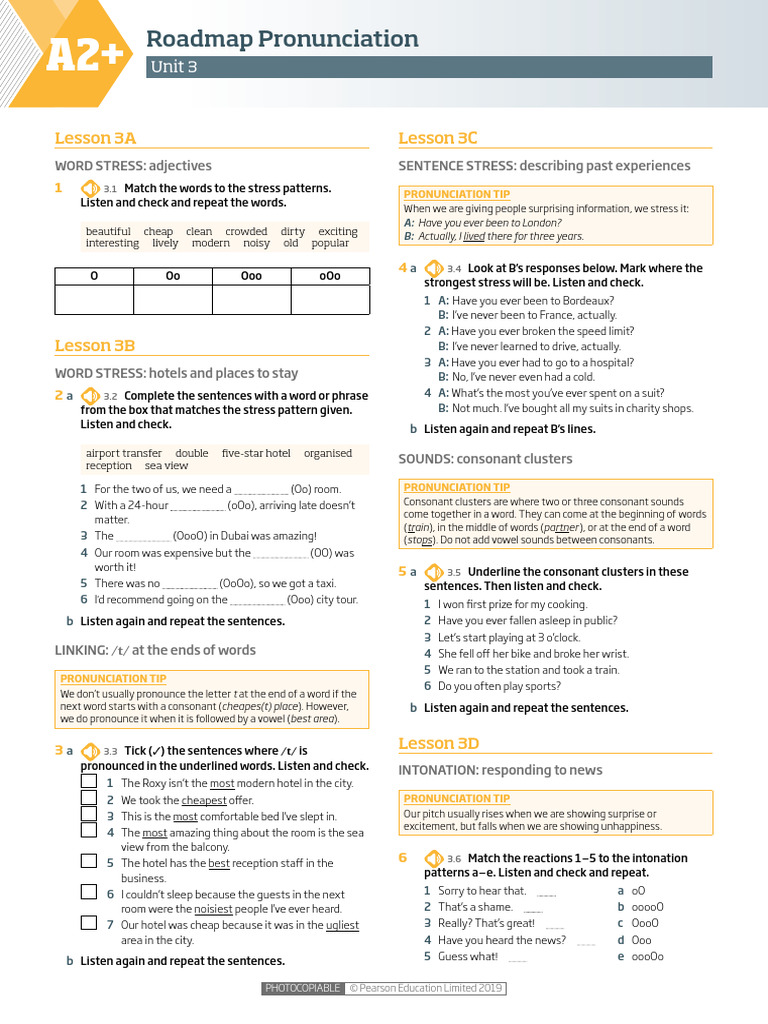 ROADMAP A2+ Pronunciation Worksheet Unit (3) | PDF