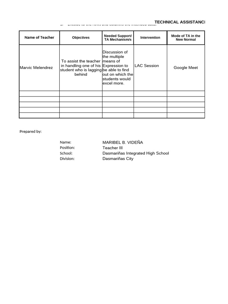 Maribel B. Videña - Ta Plan Template | PDF