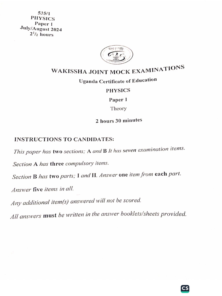 Wakissha Uce Phy 2024 Mock | PDF