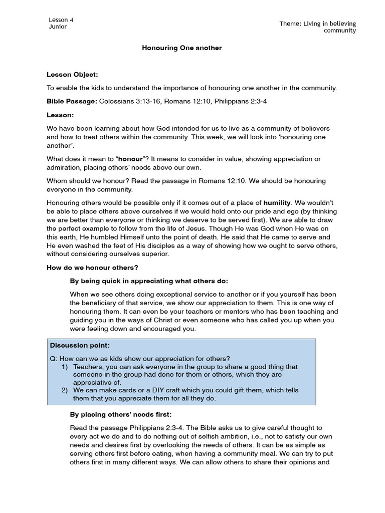 Lesson 4 - Honoring One Another | PDF