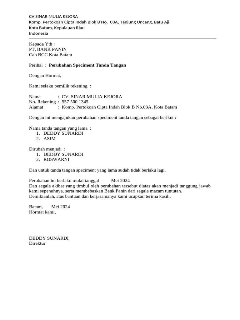 Surat Perubahan Speciment TTD 2 | PDF