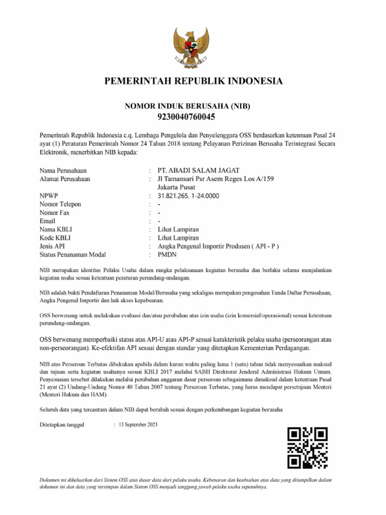 ABADI SALAM JAGAT - Nib | PDF