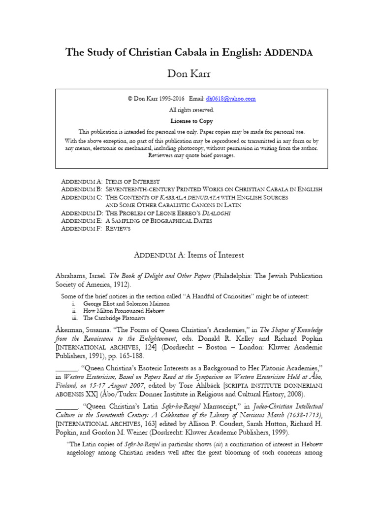 Christian Cabala in English, Addenda To The Study of (Karr) | PDF