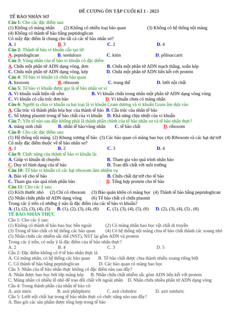 1. ĐỀ CƯƠNG SINH HỌC 10 - CK 1 - 2023 | PDF