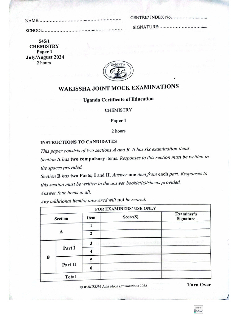Wakisha Mock Uce Chem Paper 1 2024 | PDF
