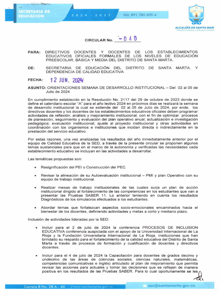 Circular 040 Orientaciones Semana de Desarrollo Institucional | PDF