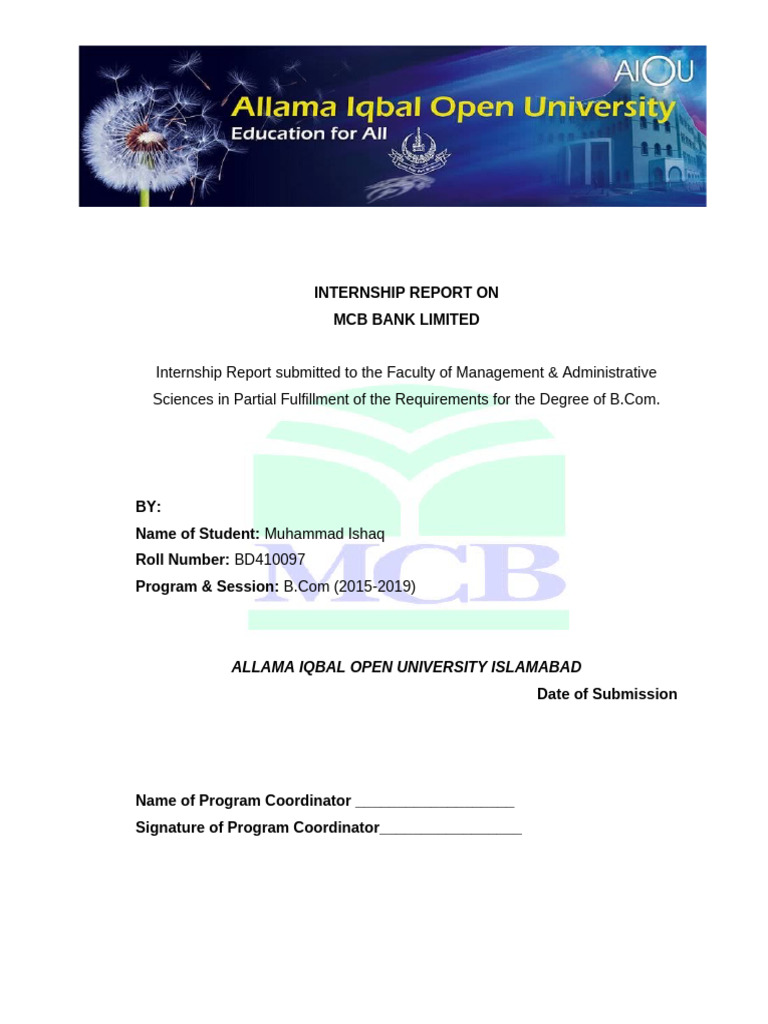 INTERNSHIP - REPORT - ON - MCB - BANK - LIMITED - in 2019 | PDF