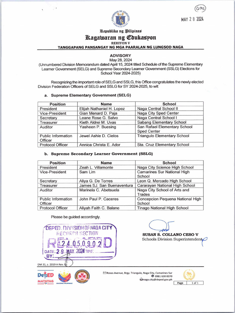 Advisory May 29, 2024 Schedule of The SELG and SSLG Elections For SY 2024-2025 | PDF