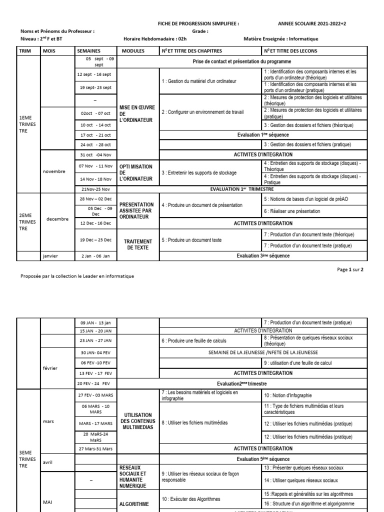 Fiche de Progression Simpligfié 2nde A 2022 | PDF