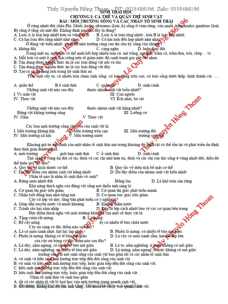1-Trac Nghiem Chuong Sinh Thai Hoc Sinh Hoc 12-Cơ B N-In | PDF
