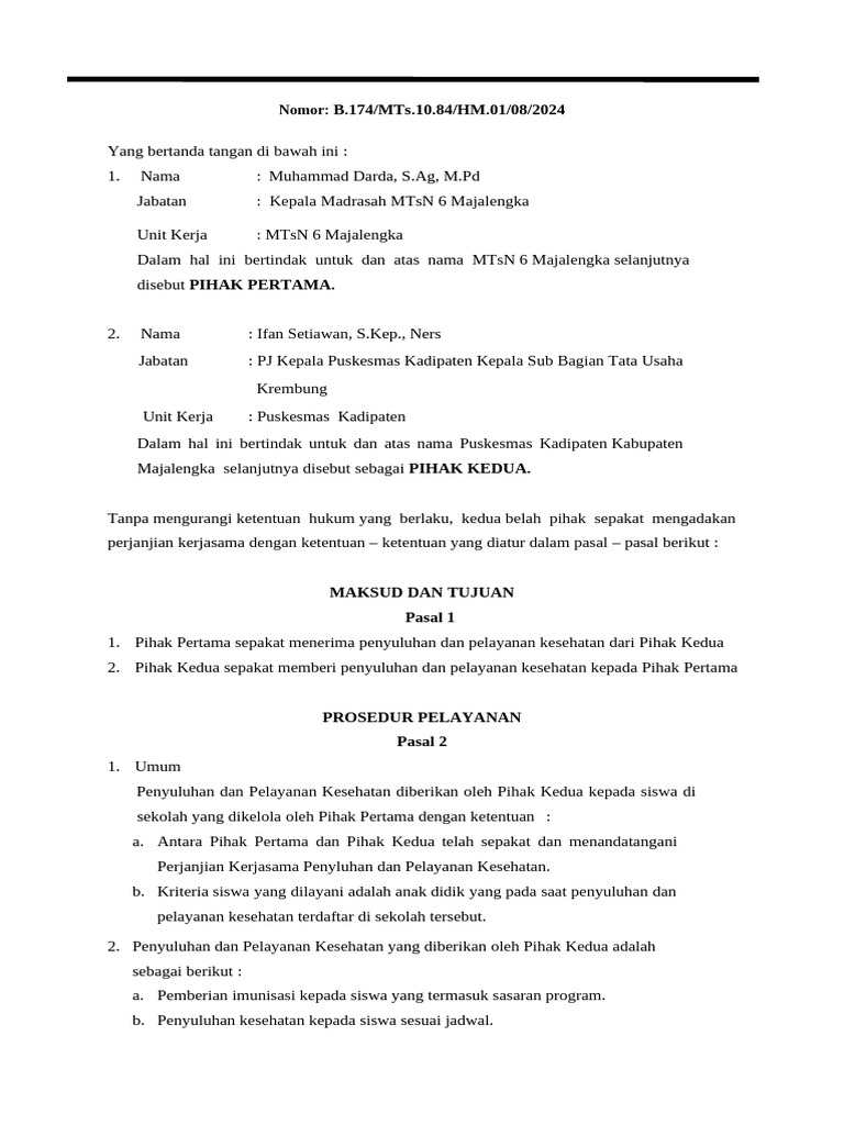 Perjanjian Mou Mts Dengan Puskesmas | PDF