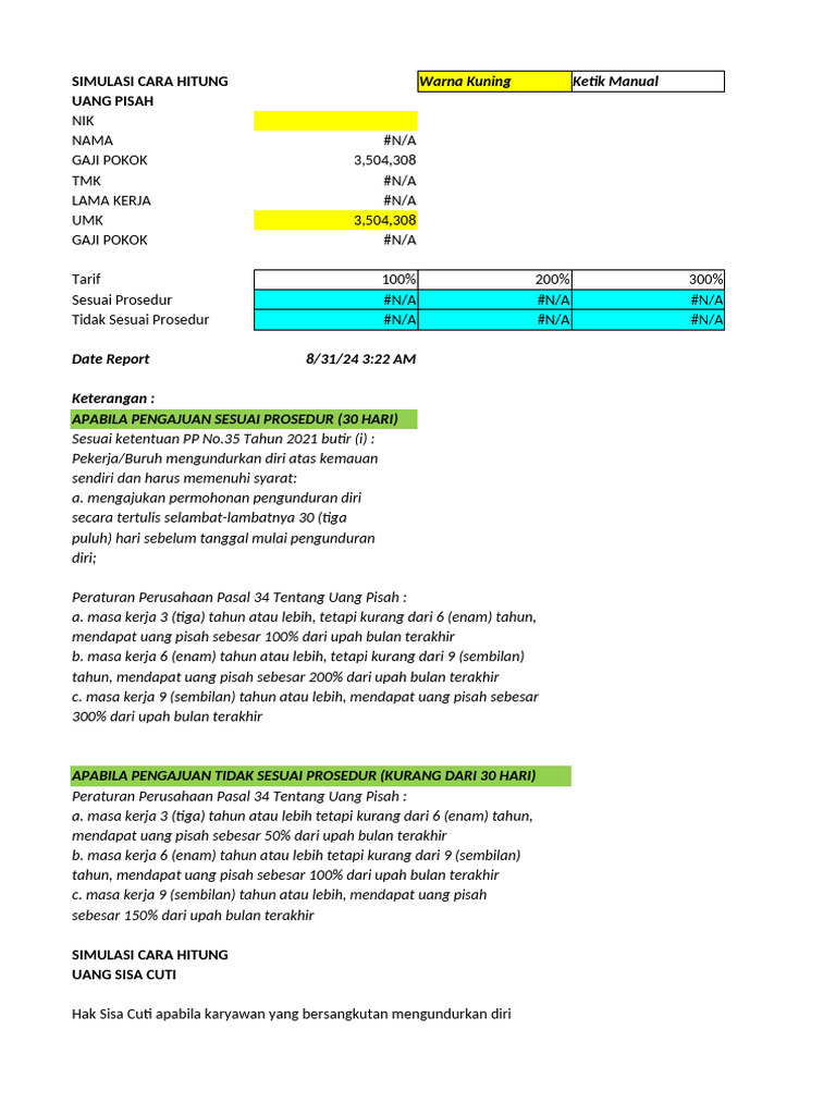 Simulasi Cara Hitung Uang Pisah Dan Sisa Cuti | PDF