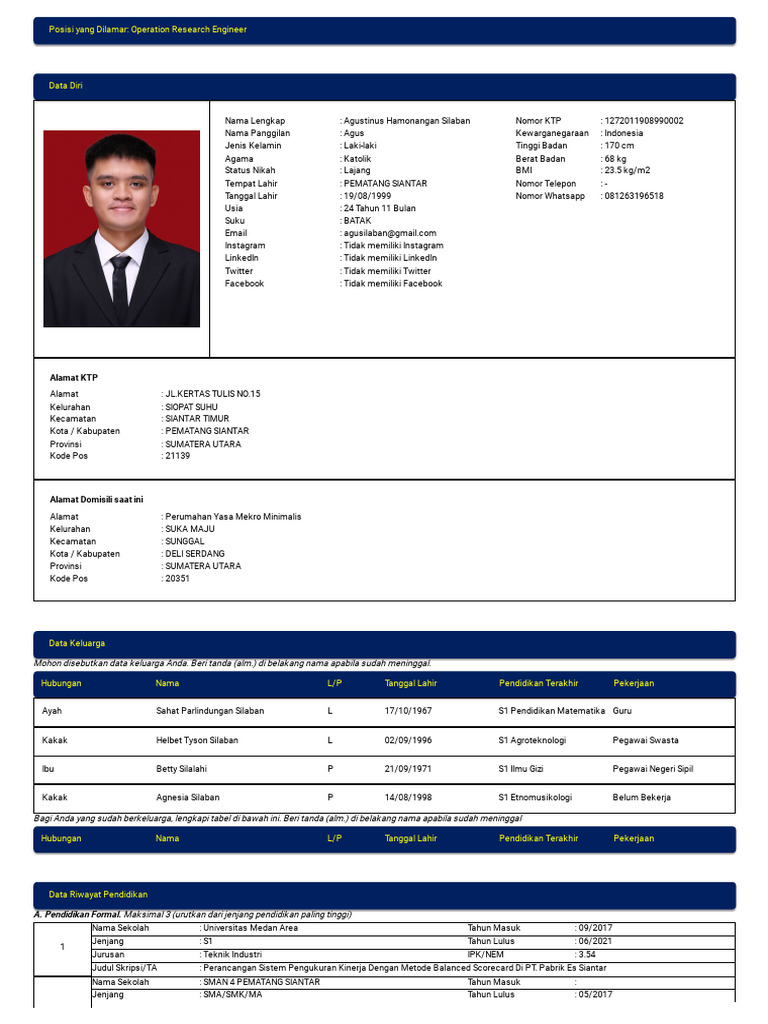 Posisi Yang Dilamar: Operation Research Engineer: Alamat KTP | PDF
