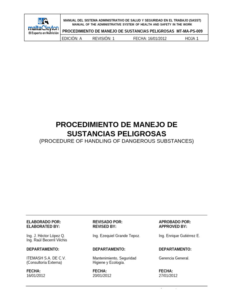 Procedimiento de Manejo de Sustancias Peligrosas Version 2012 | PDF | Autosuperación ...