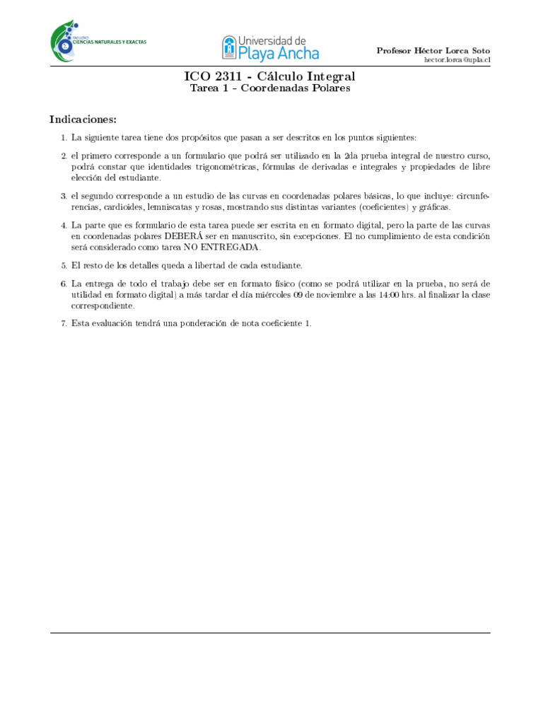 Tarea 1 - ICO 2311-1 - Cálculo Integral | PDF
