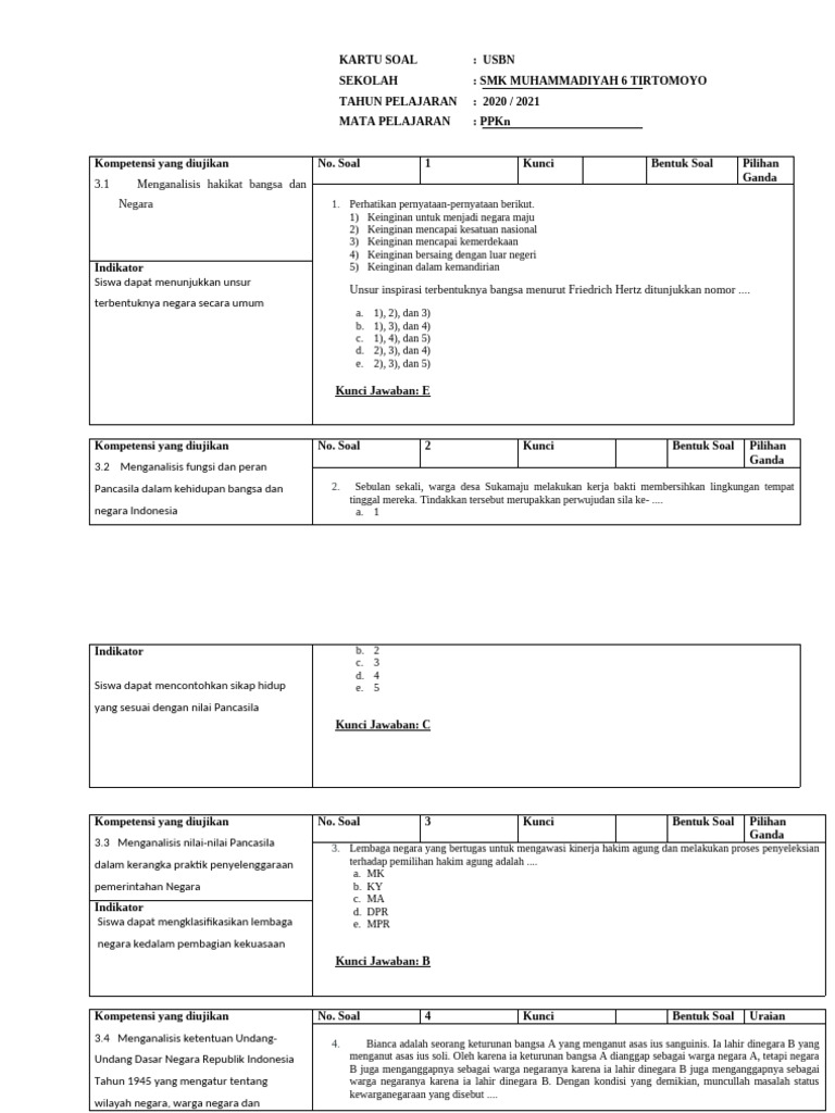 Kartu Soal US 2021 | PDF
