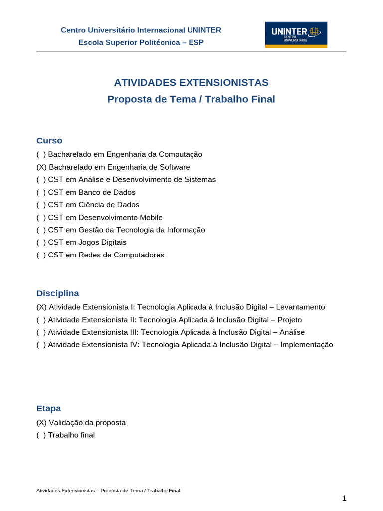 Atividades Extensionistas - Modelo de Proposta de Tema e Trabalho Final (10!08!2023) | PDF