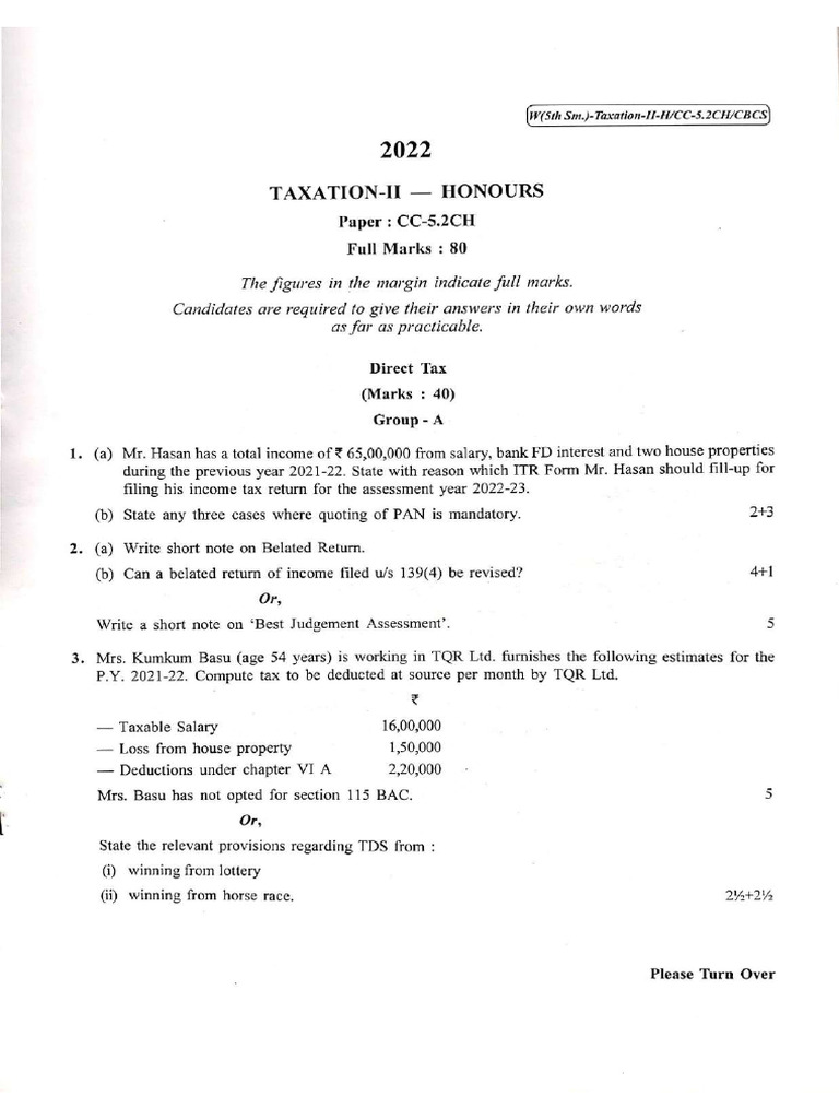CU-2022 B. Com. (Honours) Taxation-II Semester-5 Paper-CC-5.2CH QP | PDF