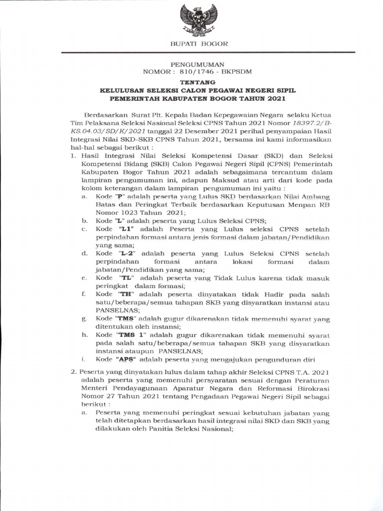 Pengumuman Kelulusan Seleksi Cpns Pemkab Bogor Tahun 20212 | PDF