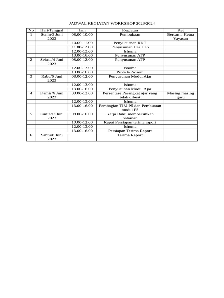 Jadwal Kegiatan Workshop 2023 | PDF